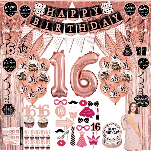 Sweet 16 Birthday Decorations Girls - (76pack) Rose Gold Party Banner, Pennant, Hanging Swirl, Birthday Balloons, Foil Backdrops, Cupcake Topper, Plates, Photo Props, Sash, Happy 16th Birthday Gifts