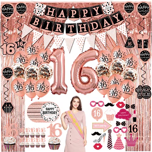 Sweet 16 Birthday Decorations Girls - (76pack) Rose Gold Party Banner, Pennant, Hanging Swirl, Birthday Balloons, Foil Backdrops, Cupcake Topper, Plates, Photo Props, Sash, Happy 16th Birthday Gifts