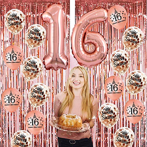 Sweet 16 Birthday Decorations Girls - (76pack) Rose Gold Party Banner, Pennant, Hanging Swirl, Birthday Balloons, Foil Backdrops, Cupcake Topper, Plates, Photo Props, Sash, Happy 16th Birthday Gifts