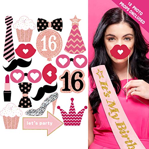 Sweet 16 Birthday Decorations Girls - (76pack) Rose Gold Party Banner, Pennant, Hanging Swirl, Birthday Balloons, Foil Backdrops, Cupcake Topper, Plates, Photo Props, Sash, Happy 16th Birthday Gifts