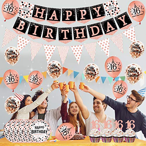 Sweet 16 Birthday Decorations Girls - (76pack) Rose Gold Party Banner, Pennant, Hanging Swirl, Birthday Balloons, Foil Backdrops, Cupcake Topper, Plates, Photo Props, Sash, Happy 16th Birthday Gifts