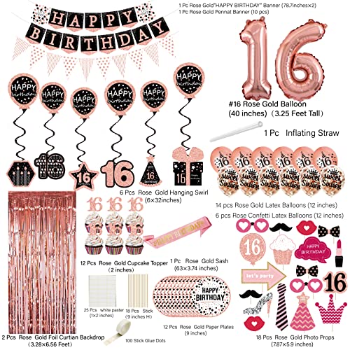 Sweet 16 Birthday Decorations Girls - (76pack) Rose Gold Party Banner, Pennant, Hanging Swirl, Birthday Balloons, Foil Backdrops, Cupcake Topper, Plates, Photo Props, Sash, Happy 16th Birthday Gifts