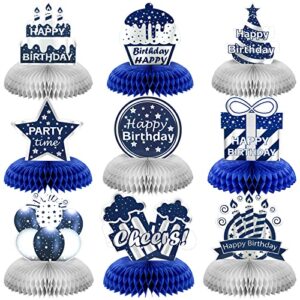 9 pieces happy birthday party decorations birthday table centerpieces happy birthday honeycomb centerpieces for men and woman birthday party supplies (blue silver)