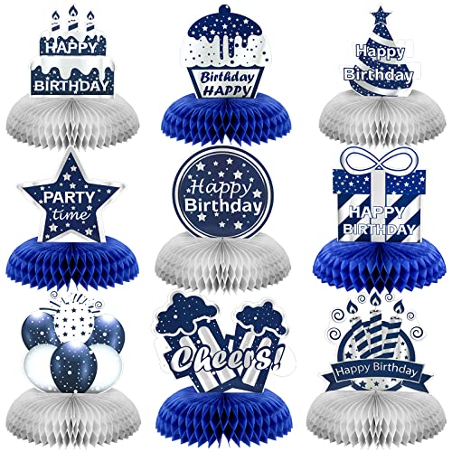 9 Pieces Happy Birthday Party Decorations Birthday Table Centerpieces Happy Birthday Honeycomb Centerpieces for Men and Woman Birthday Party Supplies (Blue Silver)