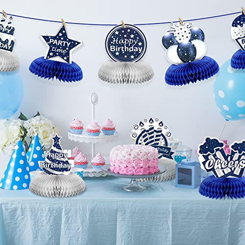 9 Pieces Happy Birthday Party Decorations Birthday Table Centerpieces Happy Birthday Honeycomb Centerpieces for Men and Woman Birthday Party Supplies (Blue Silver)