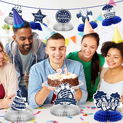 9 Pieces Happy Birthday Party Decorations Birthday Table Centerpieces Happy Birthday Honeycomb Centerpieces for Men and Woman Birthday Party Supplies (Blue Silver)