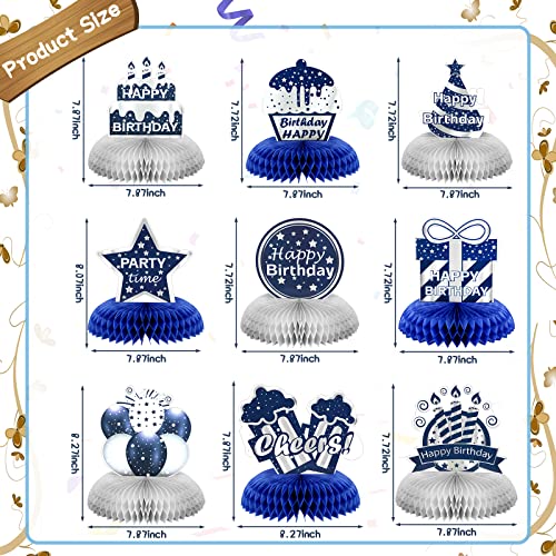 9 Pieces Happy Birthday Party Decorations Birthday Table Centerpieces Happy Birthday Honeycomb Centerpieces for Men and Woman Birthday Party Supplies (Blue Silver)