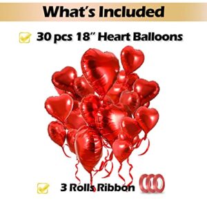 30 pcs Red Heart Balloons 18" Heart Love Foil Balloon , Helium Support Valentines Day Wedding Bridal Engagement Party Anniversary Decorations (30 pcs 18")