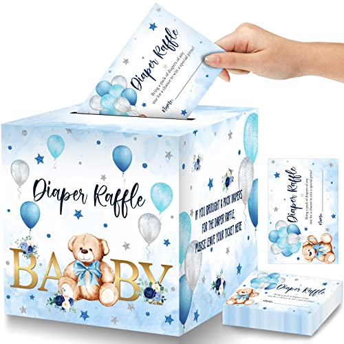 50 Pieces Diaper Raffle Tickets with Baby Shower Games Box Bear Baby Shower Game Insert Card Blue Diaper Raffle Sign Box Holder for Bear Baby Shower Gender Reveal Birthday Party Game Supplies