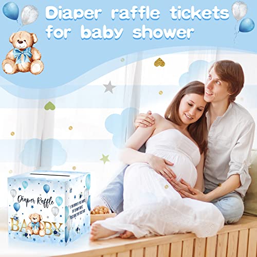 50 Pieces Diaper Raffle Tickets with Baby Shower Games Box Bear Baby Shower Game Insert Card Blue Diaper Raffle Sign Box Holder for Bear Baby Shower Gender Reveal Birthday Party Game Supplies