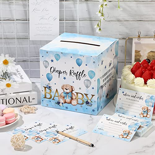 50 Pieces Diaper Raffle Tickets with Baby Shower Games Box Bear Baby Shower Game Insert Card Blue Diaper Raffle Sign Box Holder for Bear Baby Shower Gender Reveal Birthday Party Game Supplies