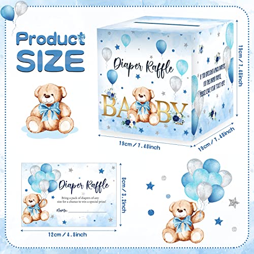 50 Pieces Diaper Raffle Tickets with Baby Shower Games Box Bear Baby Shower Game Insert Card Blue Diaper Raffle Sign Box Holder for Bear Baby Shower Gender Reveal Birthday Party Game Supplies