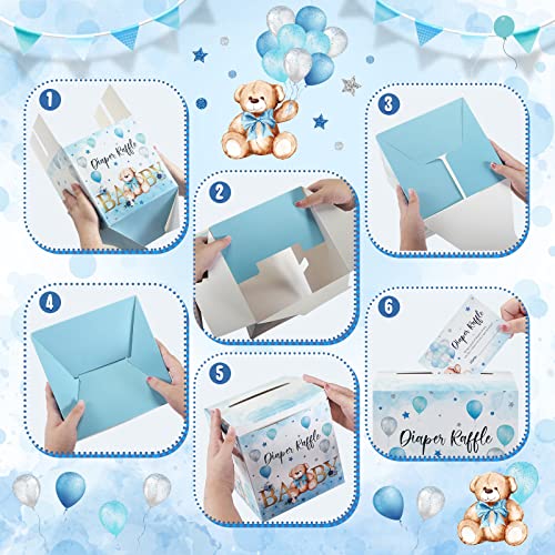 50 Pieces Diaper Raffle Tickets with Baby Shower Games Box Bear Baby Shower Game Insert Card Blue Diaper Raffle Sign Box Holder for Bear Baby Shower Gender Reveal Birthday Party Game Supplies