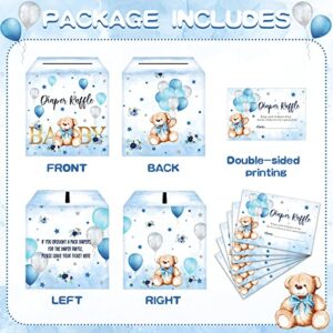 50 Pieces Diaper Raffle Tickets with Baby Shower Games Box Bear Baby Shower Game Insert Card Blue Diaper Raffle Sign Box Holder for Bear Baby Shower Gender Reveal Birthday Party Game Supplies