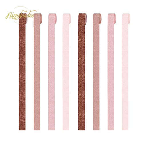 NICROLANDEE Wedding Party Supplies - 8 Rolls Rose Gold Crepe Paper Streamers Tassels Streamer Paper for Wedding Bachelorette Party Birthday Baby Bridal Shower Family Gathering Decorations, 82ft Long