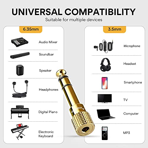 MAONO 6.35mm 1/4 Male to 3.5mm 1/8 Female Stereo Headphone Adapter Converter for Audio Interface, Mixer, Guitar, Electric Piano, Amp, AD03 (Gold Plated, 3PCS)