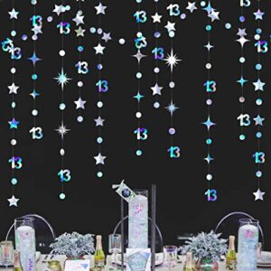 iridescent 13th birthday decorations number 13 circle dot twinkle star garland metallic hanging streamer bunting banner backdrop girls 13 year old birthday thirteen official teenager party supplies