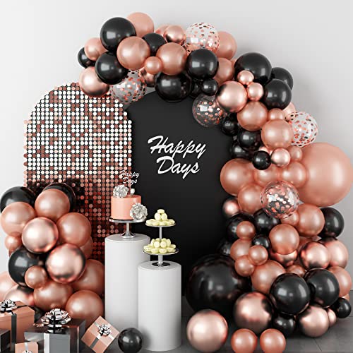 GREMAG Black and Rose Gold Balloon Arch, 107PCS Black Balloons Garland Kit with Pearl Metallic Confetti Rose Gold Various Size Balloons, for Graduation Baby Shower Birthday Party Wedding Decorations