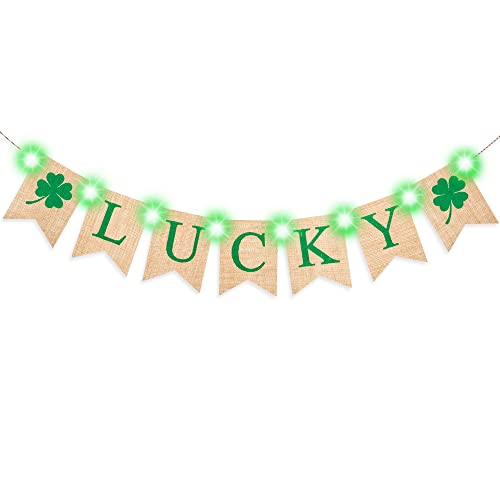 St. Patrick's Day Lucky Burlap Banner Bunting Hanging Garland with Green String Lights Rustic Shamrock Banner for St. Patrick's Day Decoration Supplies