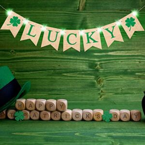 St. Patrick's Day Lucky Burlap Banner Bunting Hanging Garland with Green String Lights Rustic Shamrock Banner for St. Patrick's Day Decoration Supplies