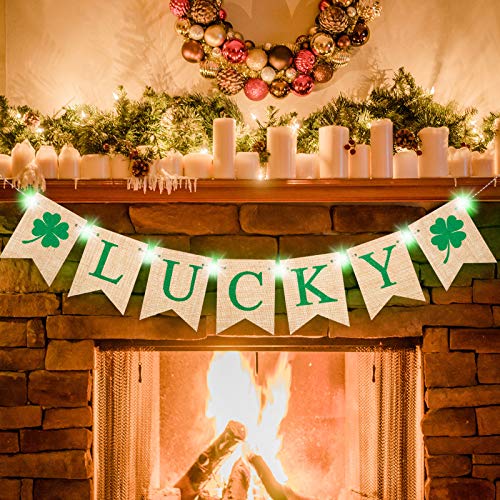 St. Patrick's Day Lucky Burlap Banner Bunting Hanging Garland with Green String Lights Rustic Shamrock Banner for St. Patrick's Day Decoration Supplies