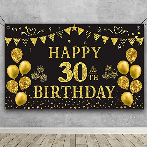 Trgowaul 30th Birthday Backdrop Gold and Black 5.9 X 3.6 Fts Happy Birthday Party Decorations Banner for Women Men Photography Supplies Background Happy Birthday Decoration