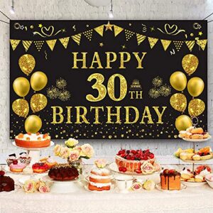 Trgowaul 30th Birthday Backdrop Gold and Black 5.9 X 3.6 Fts Happy Birthday Party Decorations Banner for Women Men Photography Supplies Background Happy Birthday Decoration