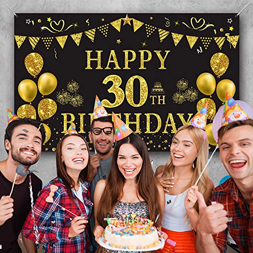 Trgowaul 30th Birthday Backdrop Gold and Black 5.9 X 3.6 Fts Happy Birthday Party Decorations Banner for Women Men Photography Supplies Background Happy Birthday Decoration