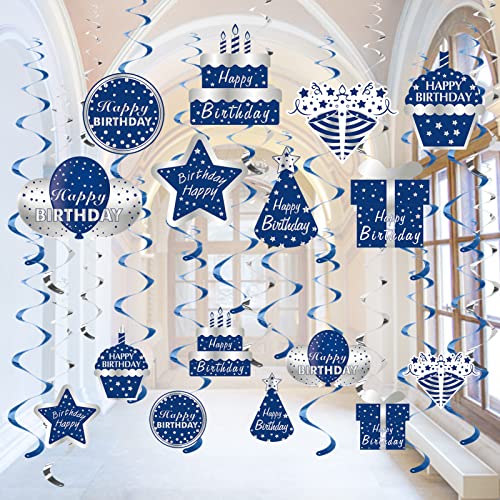 Blue Silver Happy Birthday Decorations Hanging Swirls Party Supplies, 30Pcs Happy Birthday Foil Swirl Decor for Men Boys, 10th 16th 21st 30th 40th 50th 60th Ceiling Swirl Sign