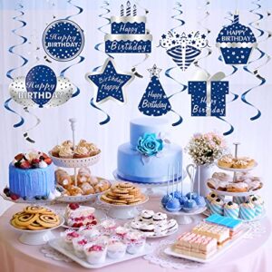 Blue Silver Happy Birthday Decorations Hanging Swirls Party Supplies, 30Pcs Happy Birthday Foil Swirl Decor for Men Boys, 10th 16th 21st 30th 40th 50th 60th Ceiling Swirl Sign