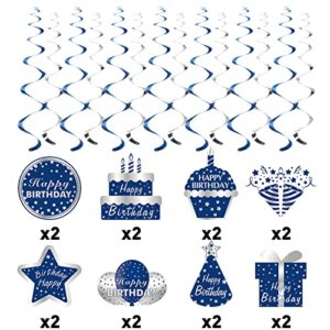 Blue Silver Happy Birthday Decorations Hanging Swirls Party Supplies, 30Pcs Happy Birthday Foil Swirl Decor for Men Boys, 10th 16th 21st 30th 40th 50th 60th Ceiling Swirl Sign