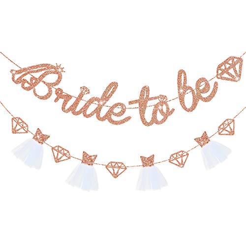 pinkblume Rose Gold Bride To Be Banner Sign Double Sided Glitter Paper 3D Wedding Dress Diamond Bride Garland Bunting for Bridal Shower Wedding Engagement Bachelorette Hen Party Decorations Supplies