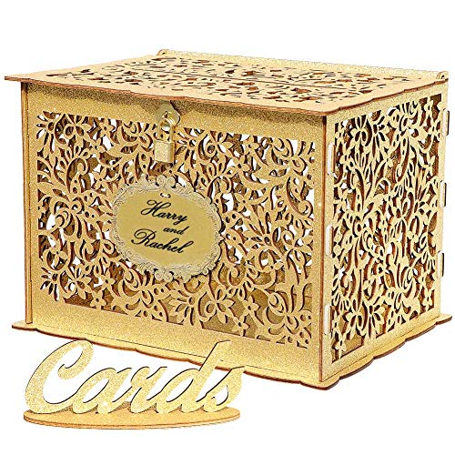 OurWarm Glittery Gold Wedding Card Box with Lock, Wood Gift Card Box Holder Money Box for Wedding Reception Birthday Party Baby Shower, Open House Celebration or Graduation Party Decorations