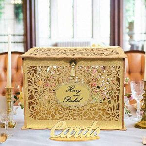 OurWarm Glittery Gold Wedding Card Box with Lock, Wood Gift Card Box Holder Money Box for Wedding Reception Birthday Party Baby Shower, Open House Celebration or Graduation Party Decorations