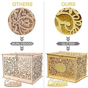 OurWarm Glittery Gold Wedding Card Box with Lock, Wood Gift Card Box Holder Money Box for Wedding Reception Birthday Party Baby Shower, Open House Celebration or Graduation Party Decorations