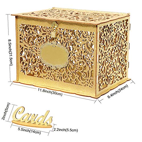 OurWarm Glittery Gold Wedding Card Box with Lock, Wood Gift Card Box Holder Money Box for Wedding Reception Birthday Party Baby Shower, Open House Celebration or Graduation Party Decorations