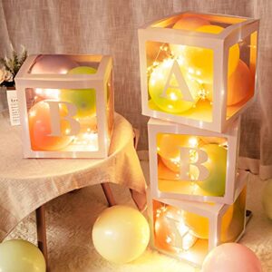 Termichy Baby Shower Boxes Party Decorations with Warm White Fairy Lights, 4 PCS Transparent Balloon Boxes Baby Shower Blocks for Girls Boys Baby Shower, Gender Reveal Decorations (White)