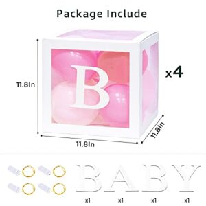 Termichy Baby Shower Boxes Party Decorations with Warm White Fairy Lights, 4 PCS Transparent Balloon Boxes Baby Shower Blocks for Girls Boys Baby Shower, Gender Reveal Decorations (White)