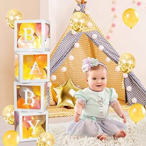 Termichy Baby Shower Boxes Party Decorations with Warm White Fairy Lights, 4 PCS Transparent Balloon Boxes Baby Shower Blocks for Girls Boys Baby Shower, Gender Reveal Decorations (White)