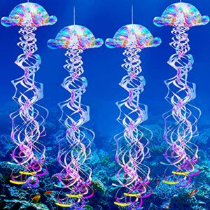 4 pieces glitter iridescent jellyfish honeycomb mermaid party jellyfish lanterns ocean blue hanging jellyfish decorations under the sea honeycomb decorations coaster ocean jellyfish decor (blue)