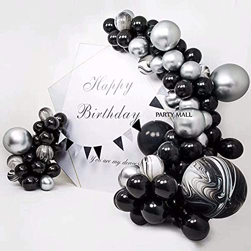 Black And Silver Balloons Garland Arch Kit Black Agate Marble Balloons Decorations For Parties Birthday Baby Shower Graduation | Includes Balloon Dots Balloons Strip Curling Ribbon