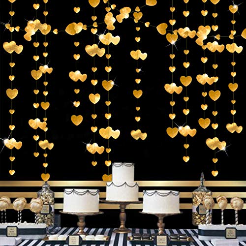 52Ft Gold Heart Garlands Golden Hanging Banner Streamer for Anniversary Mothers Day Valentines Day Engagement Wedding Bridal Shower Baby Shower Bachelorette Hen Birthday Party Decorations Supplies