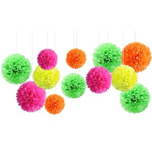 nicrolandee blacklight party decorations – 12 pcs fluorescent neon tissue paper pom poms for birthday, wedding, baby shower, glow-in-the-dark party, neon party, prom dance party photography