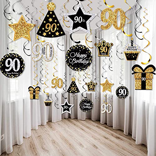 30 Pieces 90th Birthday Party Decorations, 90th Birthday Party Decorative Cards and Hanging Swirls Ceiling Decorations Shiny Celebration Hanging Swirls Decorations for 90th Birthday Party Supplies