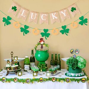 WATINC 2pcs St. Patrick's Day Burlap Banner, Lucky Clover Banner with Green Shamrock Leaf Gold Coin Felt Garland for Celebrate Irish Day Party,Saint Patty’s Day Home Hanging Decor for Mantel Fireplace