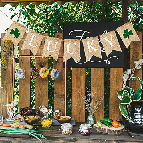 WATINC 2pcs St. Patrick's Day Burlap Banner, Lucky Clover Banner with Green Shamrock Leaf Gold Coin Felt Garland for Celebrate Irish Day Party,Saint Patty’s Day Home Hanging Decor for Mantel Fireplace