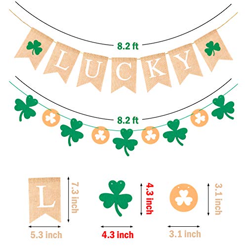 WATINC 2pcs St. Patrick's Day Burlap Banner, Lucky Clover Banner with Green Shamrock Leaf Gold Coin Felt Garland for Celebrate Irish Day Party,Saint Patty’s Day Home Hanging Decor for Mantel Fireplace