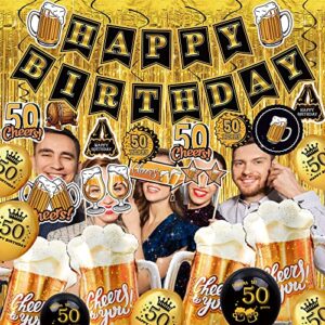 50th birthday decorations for men women - (60pcs) black gold party Banner, 40 Inch Gold Balloons,50th Sign Latex Balloon,Fringe Curtains and cheers to you Foil Balloons,Hanging Swirl,photo props