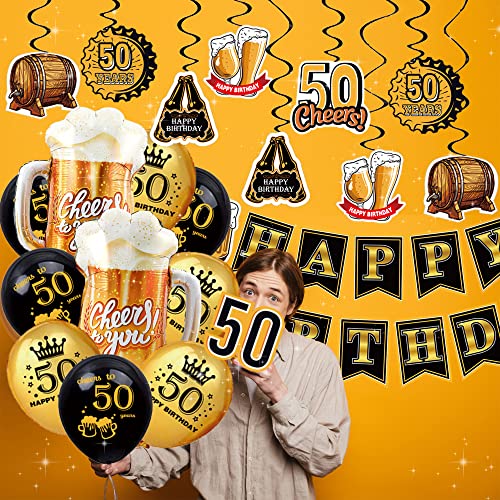 50th birthday decorations for men women - (60pcs) black gold party Banner, 40 Inch Gold Balloons,50th Sign Latex Balloon,Fringe Curtains and cheers to you Foil Balloons,Hanging Swirl,photo props