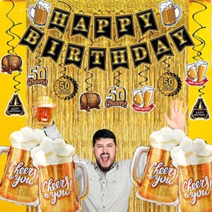 50th birthday decorations for men women - (60pcs) black gold party Banner, 40 Inch Gold Balloons,50th Sign Latex Balloon,Fringe Curtains and cheers to you Foil Balloons,Hanging Swirl,photo props